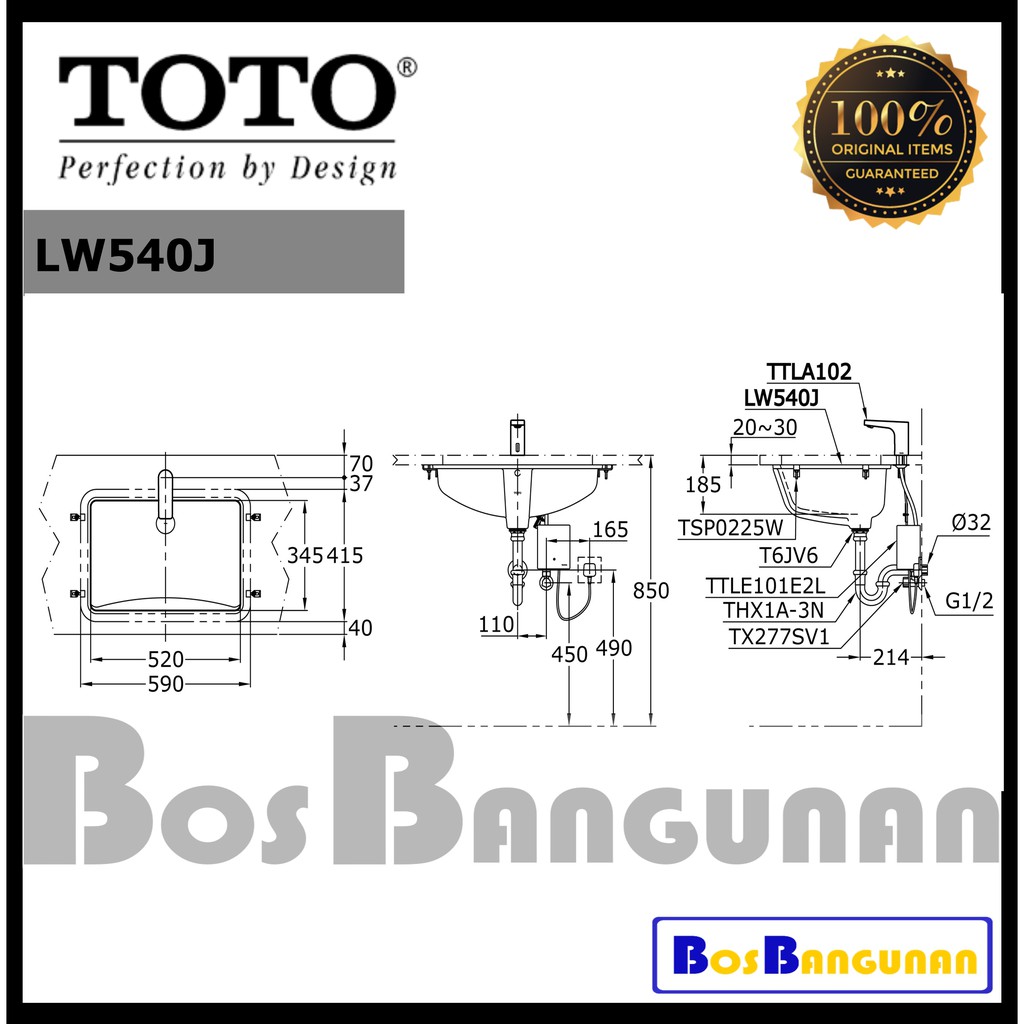 Jual Wastafel Under Counter TOTO LW 540 J / Washtafel TOTO LW540J Bawah Meja / TOTO LW540J Under ...