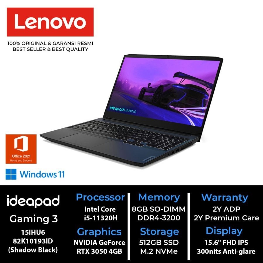 Jual Lenovo Gaming 3 15IHU6 Core i5-11320H 8GB/512GB SSD/RTX3050 4GB/15 ...