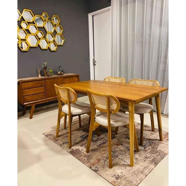 Jual MEJA MAKAN KURSI MIX ROTAN KAYU JATI | MEJA MAKAN RETRO MODERN | Shopee Indonesia
