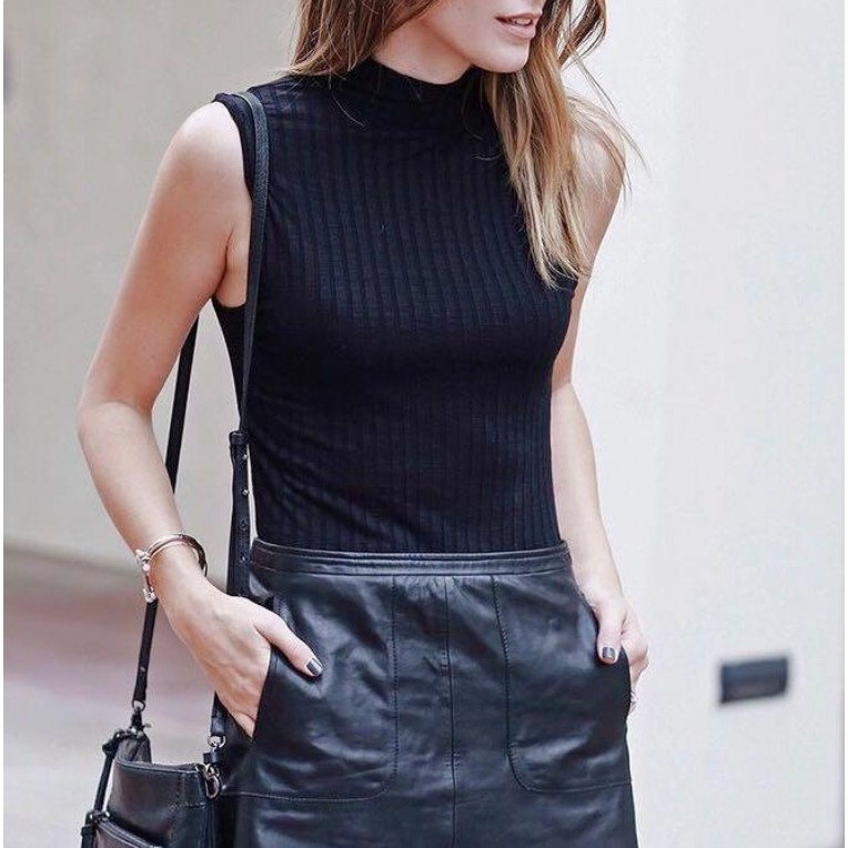 Jual New Look Black Ribbed Tank Top Turtleneck Sleeveless Mock Neck ...