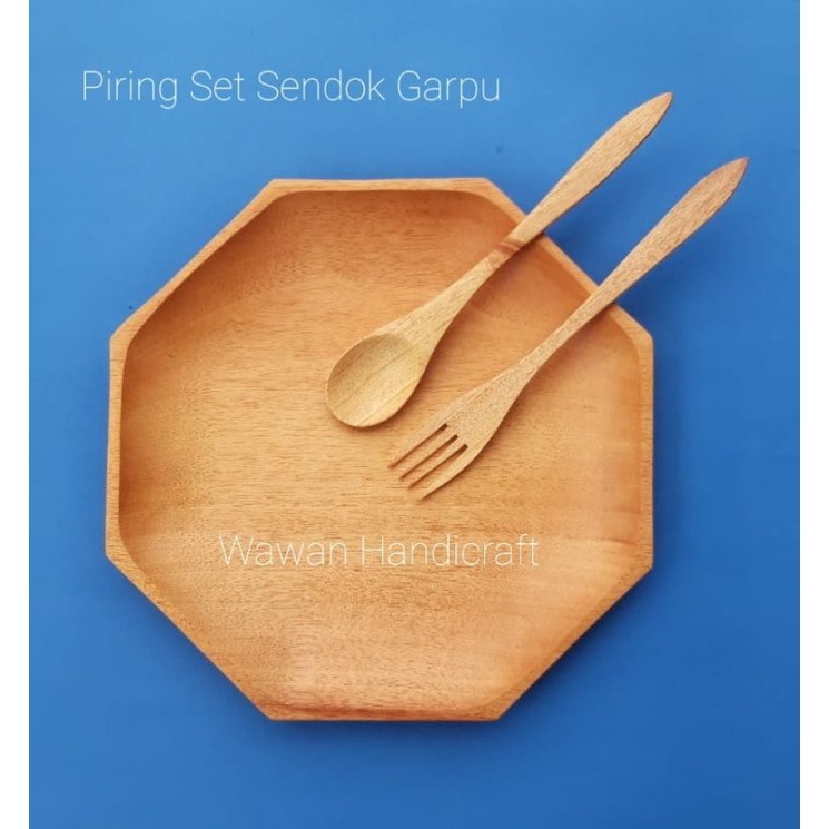 Jual piring kayu/piring makan/piring mukbang 25cm set sendok garpu kayu ...