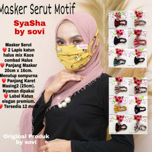 Jual Masker Serut Hijab SyaSha motif bunga. Masker Kain 2 lapis. Bahan ...