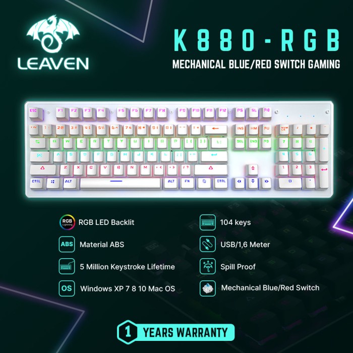 Jual Leaven Keyboard Gaming Mechanical K880 104 Keys Lampu RGB - Hitam | Shopee Indonesia