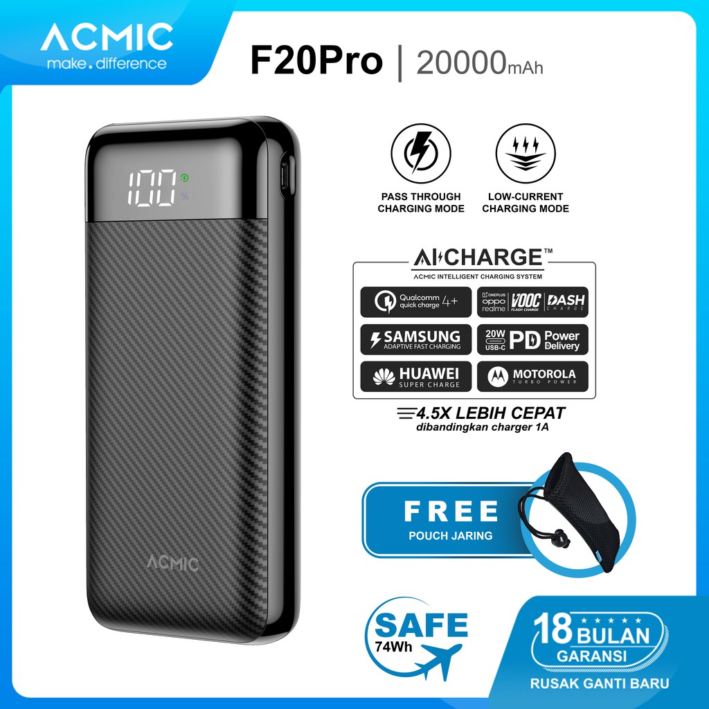 Jual ACMIC F20PRO 20000mAh AiCharge Digital Power Bank (QC4 + PD + VOOC ...