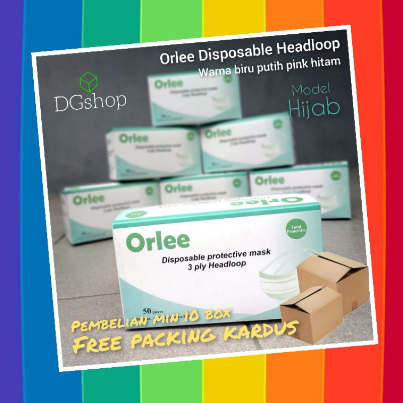 Jual Masker Orlee headloop hijab 3ply 50pcs putih biru pink hitam ...
