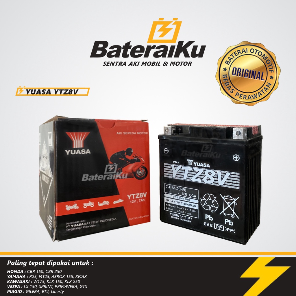 Jual Aki Motor Yuasa YTZ8V Aki Kering Aki Motor Vespa Matic, CBR 150/250, Xmax, R25, dll ...