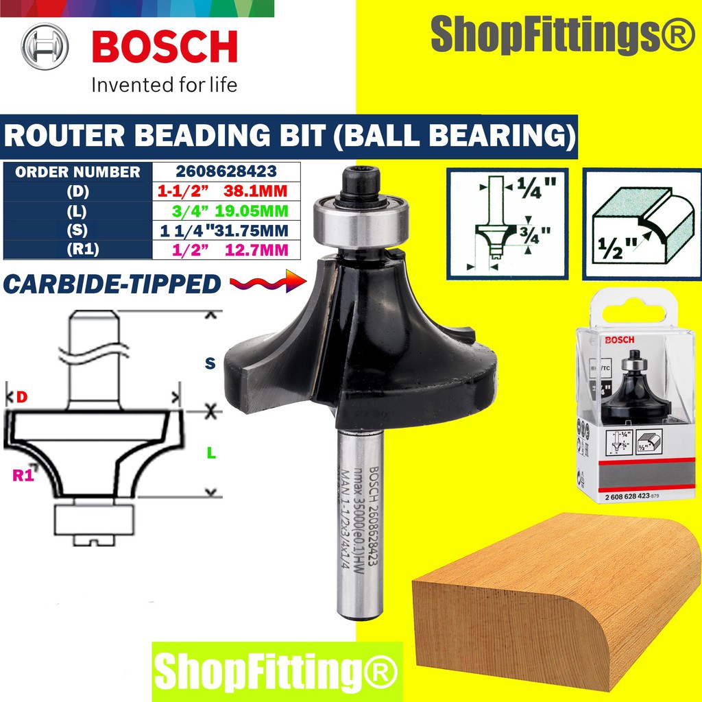 Jual BOSCH Beading Router Bits Round Over Shank ¼" Mata Ruter Profil ...