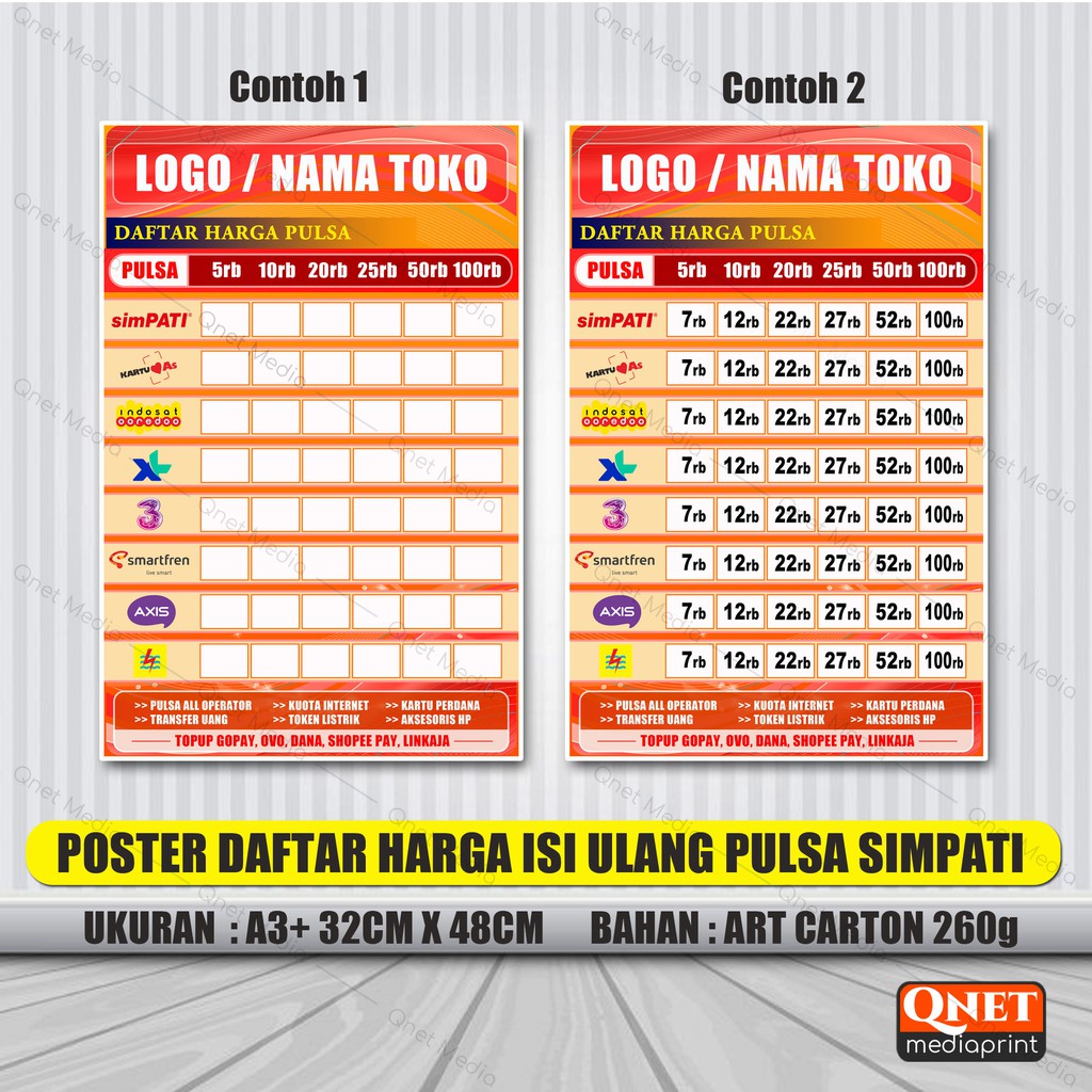 Jual POSTER KONTER DAFTAR HARGA PULSA ALL OPERATOR ( CUSTOM ) | Shopee Indonesia