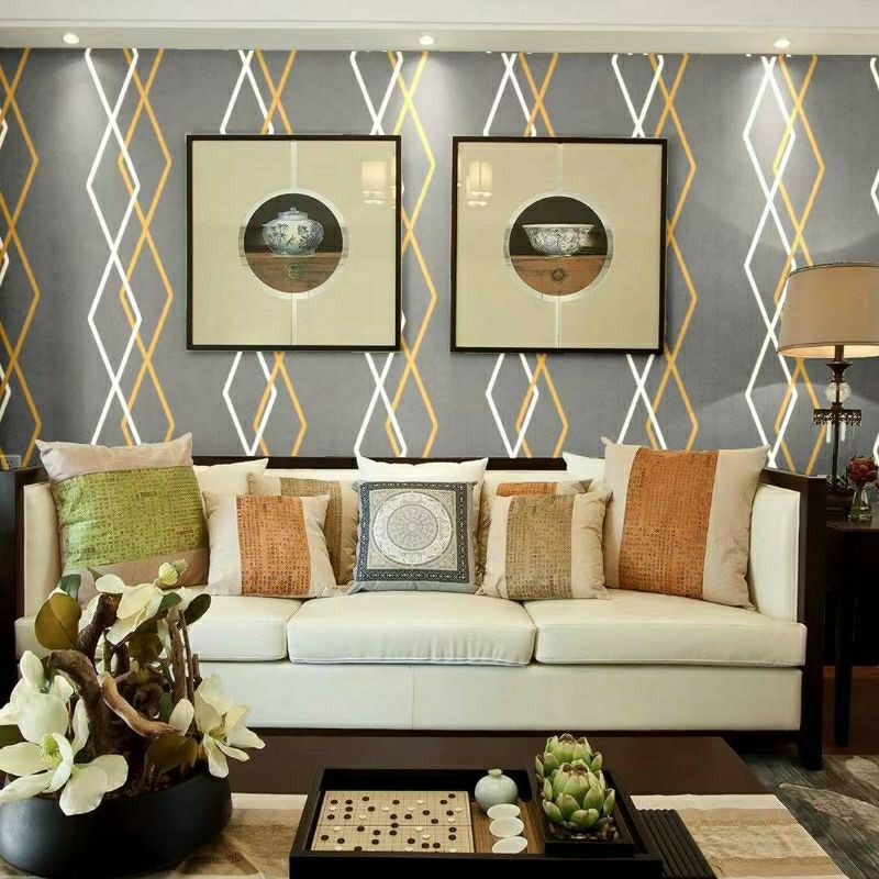 Jual WALLPAPER STIKER DINDING.MOTIF TRALIS PUTIH KUNING DASAR ABU ...