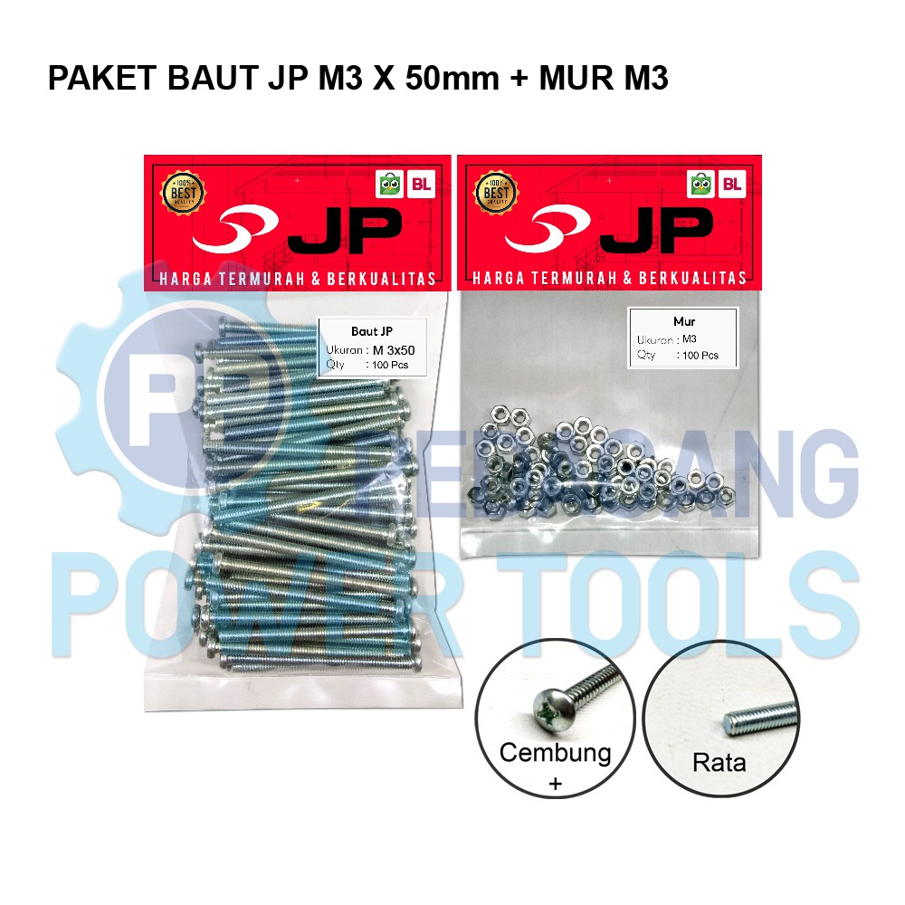 Jual PAKET 2 SET BAUT MUR 3x50 BAUT JP M 3 x 50 MM MUR M3 SKRUP ISI 100 PCS | Shopee Indonesia