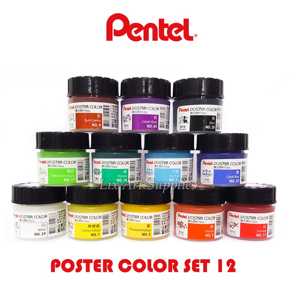 Jual Pentel Poster Color Set 12x12ml / Cat Poster Pentel 12ml x 12 ...