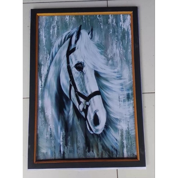 Jual hiasan dinding lukisan cetak kuda putih plus bingkai ukuran 65x45 ...