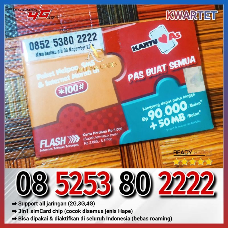 Jual Kartu Perdana Nomor Cantik As 0852 xx 80 2222 Telkomsel Kwartet sakti combo 4G | Shopee ...