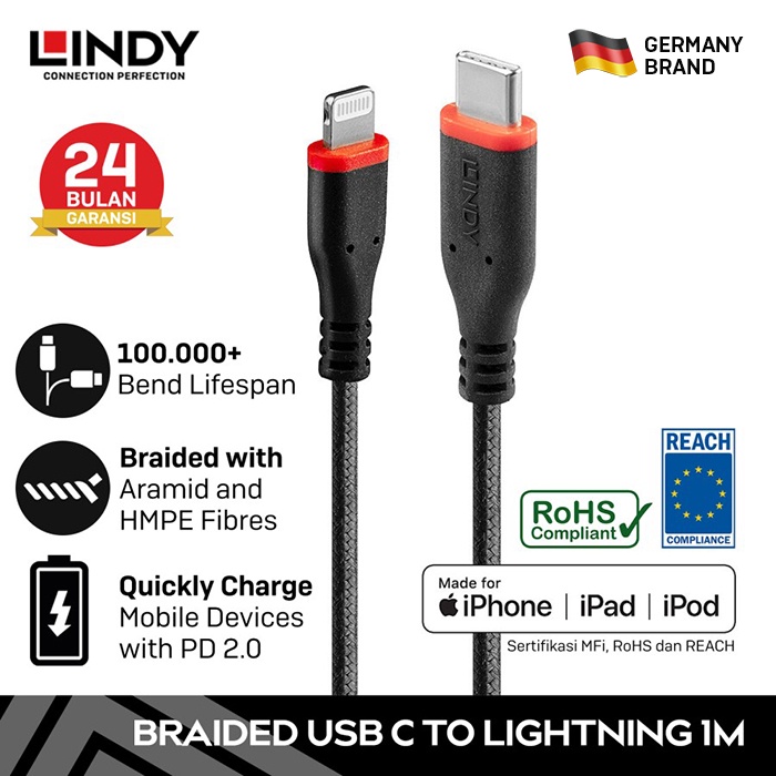 Jual LINDY Kabel Charger iPhone 1M Kabel Data Nylon MFi USB C to ...