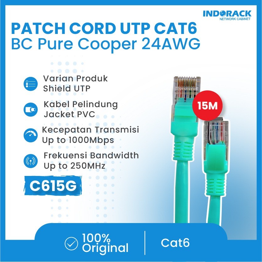 Jual INDORACK PATCH CORD UTP CAT 6 - KABEL LAN CAT6 15 METER HIJAU | Shopee Indonesia