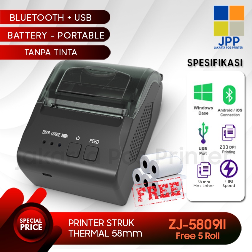 Jual Mobile Printer Bluetooth Thermal ZJ-5809ii / Printer Kasir Bluetooth Portable | Shopee ...