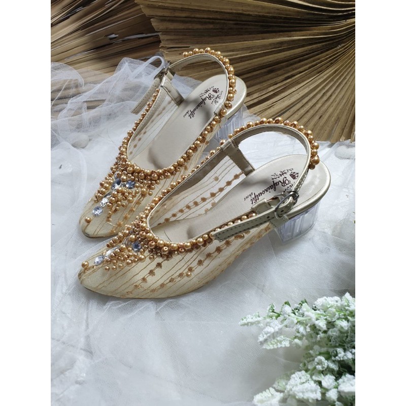 Jual sepatu wedding Clarissa gold motif payet 5cm kaca | Shopee Indonesia