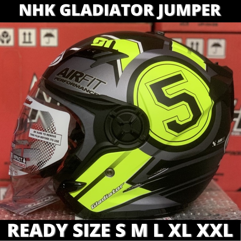 Jual Helm NHK Gladiator Jumper Dark Grey Yellow Doff Double Visor Half ...