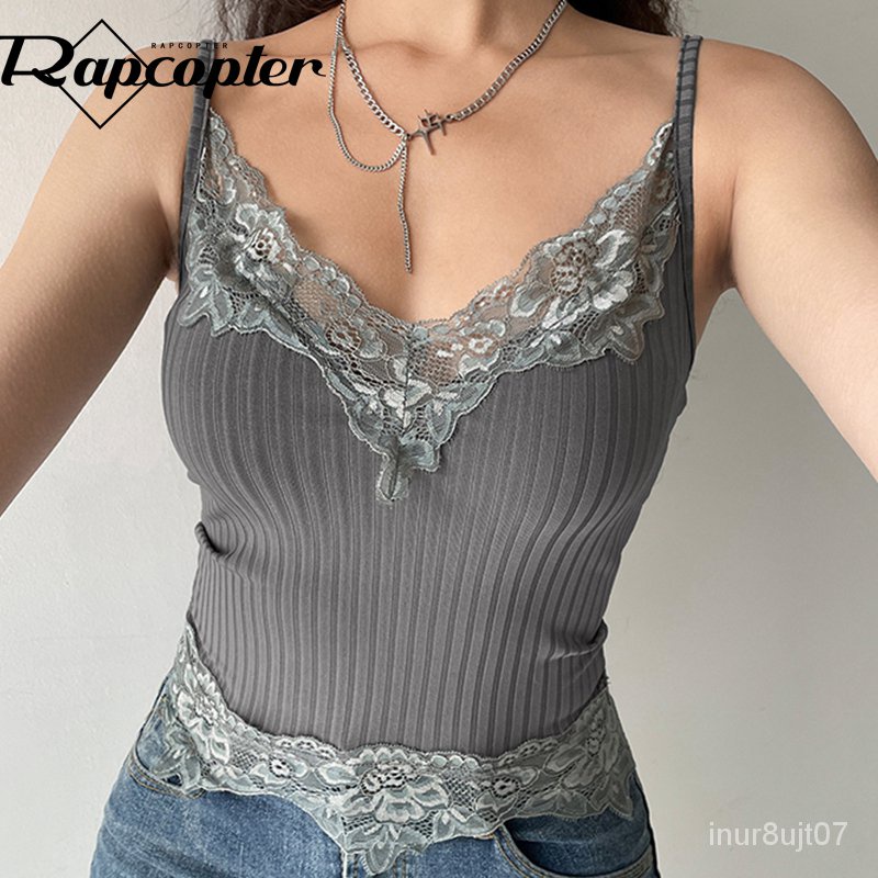 Jual Rapcopter Y2k Lace Trim Crop Top Solid Knitted Camis Women Retro