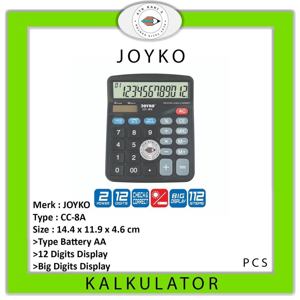 Jual JOYKO - Calculator CC-8A - 12 Digits - Check Correct - PCS ...