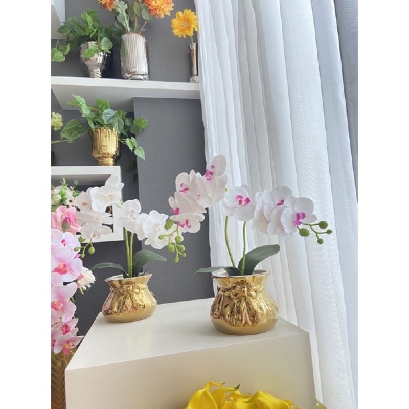 Jual Vasgold keramik dengan bunga anggrek latex 4 2 cabang / vas dengan ...