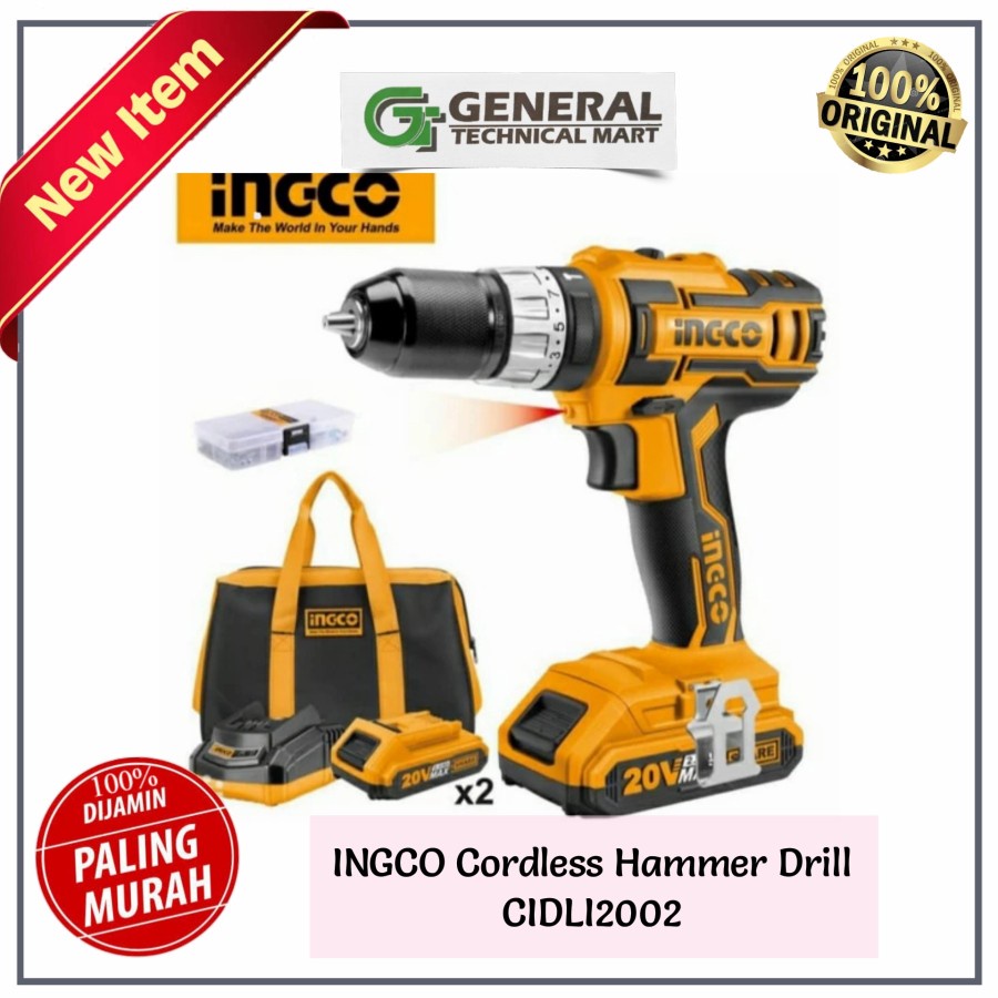 Jual INGCO Cordless Hammer Drill CIDLI2002 BOR BATERAI BETON 10mm 20V ...