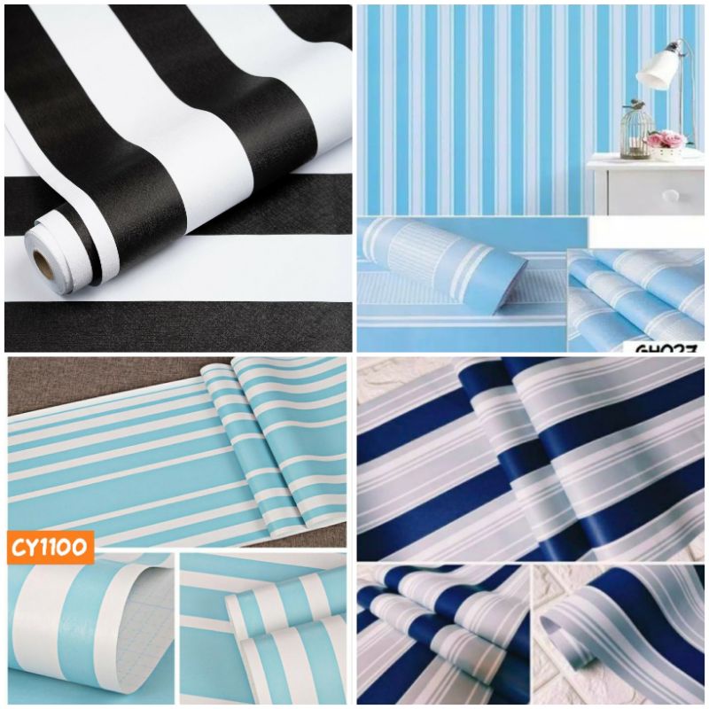 Jual Wallpaper Dinding Garis Salur Stripe Hitam Putih Biru Krem Biru ...