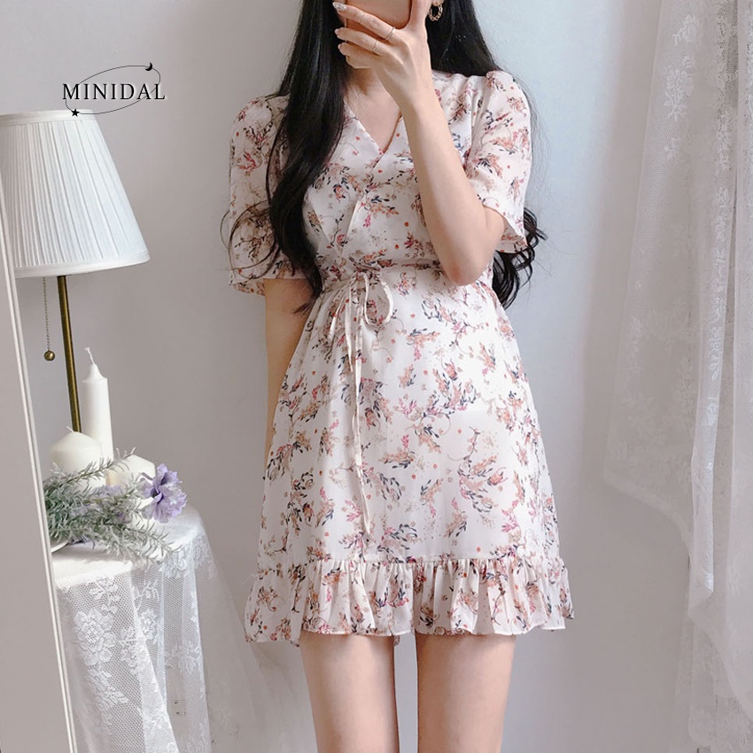 Jual MINIDAL - Bomi Flower Chiffon Dress | Gaun Korea Motif Bunga (2 ...