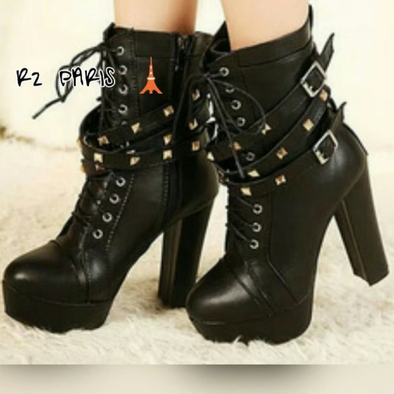 Jual jual boot heals stut panjang wrn hitam stut gold termurah | Shopee ...
