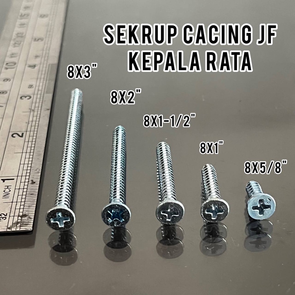 Jual 50 PCS Sekrup Cacing JF 8 x 5/8 , 3/4 , 1 , 1-1/2 , 2 , 3 INCH / Skrup kepala rata | Shopee ...