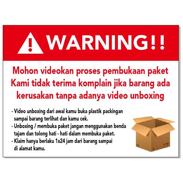 Jual Sticker video unboxing paket online shop stiker peringatan warning ...