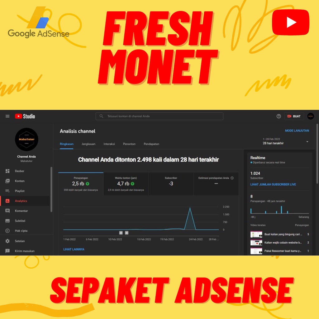 Jual CHANNEL YOUTUBE SUDAH MONETISASI SEPAKET ADSENSE FRESH | Shopee ...