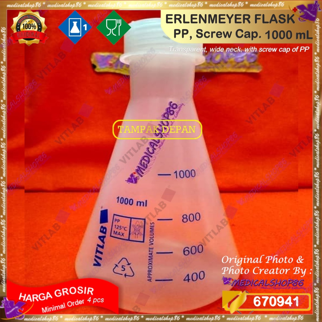 Jual ERLENMEYER FLASK, PP, 1000 mL, Screw Cap. VITLAB | 670941 | Shopee Indonesia