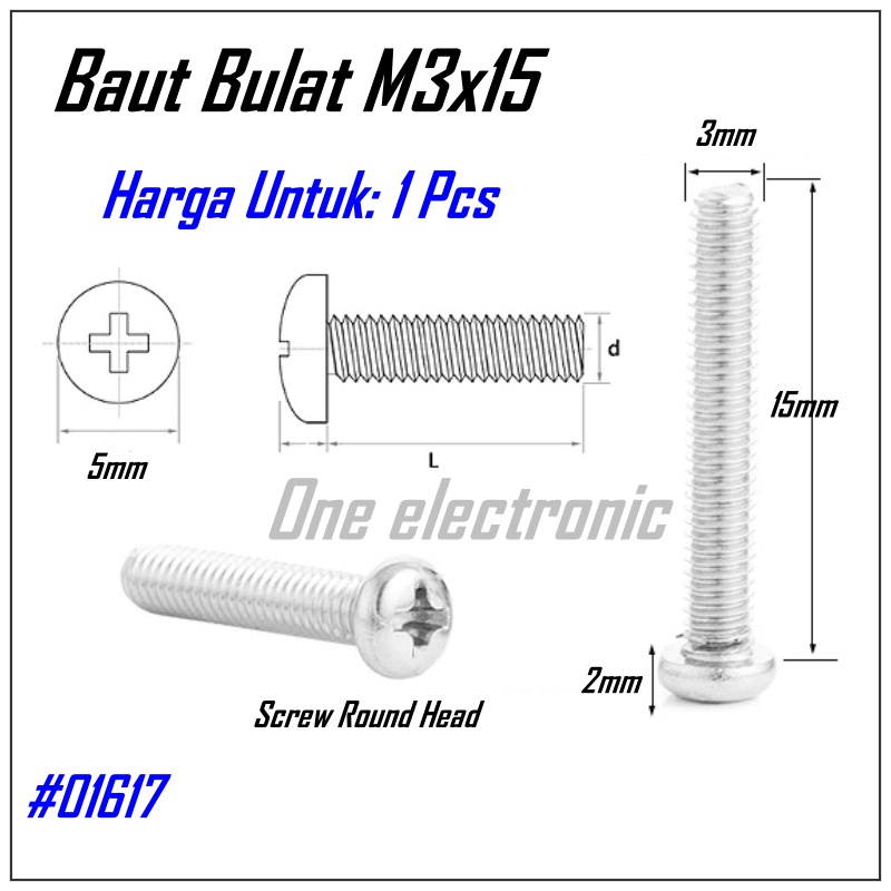 Jual 10 Pcs Baut M3x15 Kepala bulat Skrup Bunga obeng + Screw M3x15mm ...