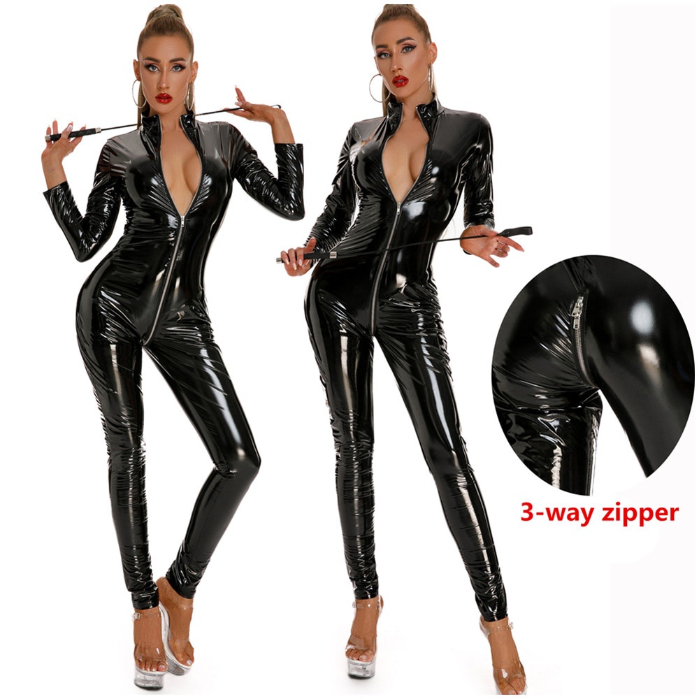 Jual Preorder Hot Sexy Women Faux Leather Catsuit Wetlook Latex