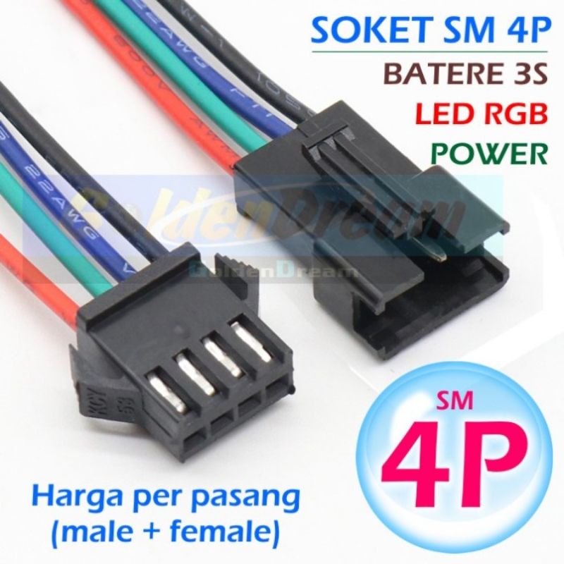 Jual Sepasang Kabel Soket SM 4 Pin JST 4P 3S RGB Male + Female Kabel Terminal | Shopee Indonesia