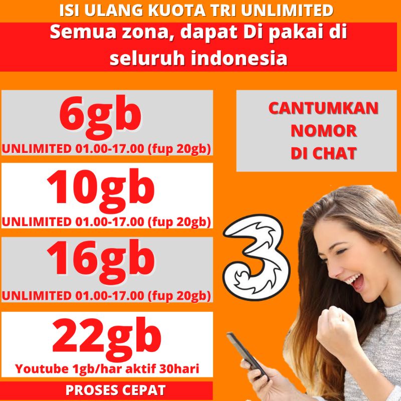 Jual ISI ULANG KUOTA TRI THREE UNLIMITED | Shopee Indonesia