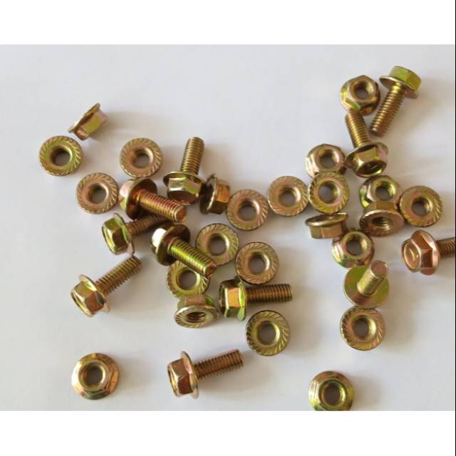 Jual BAUT MUR FLANGE. BAUT MUR BESI SIKU. M6 X 15. WARNA KUNING | Shopee Indonesia