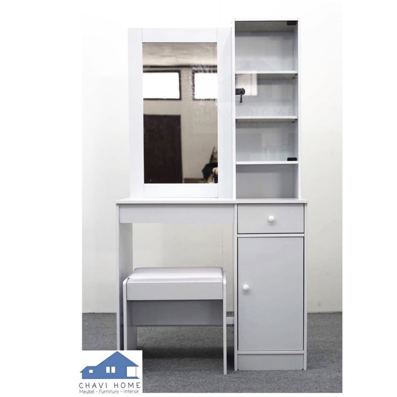Jual meja rias dressing table putih lengkap dengan kursi stool rak kaca ...