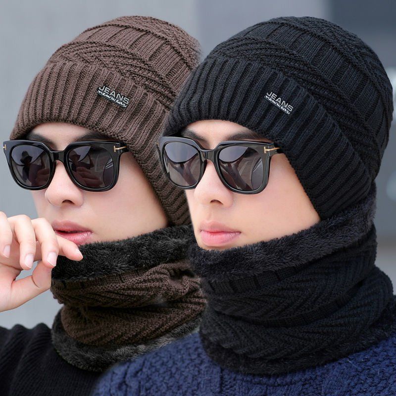 Jual Winter Knitted Beanie Scarf Set man Fur Inside / Topi Kupluk ...