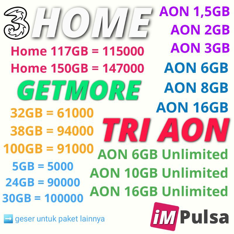 Jual [TERMURAH] Paket Data Kuota Internet Tri Three 3 AON Unlimited ...