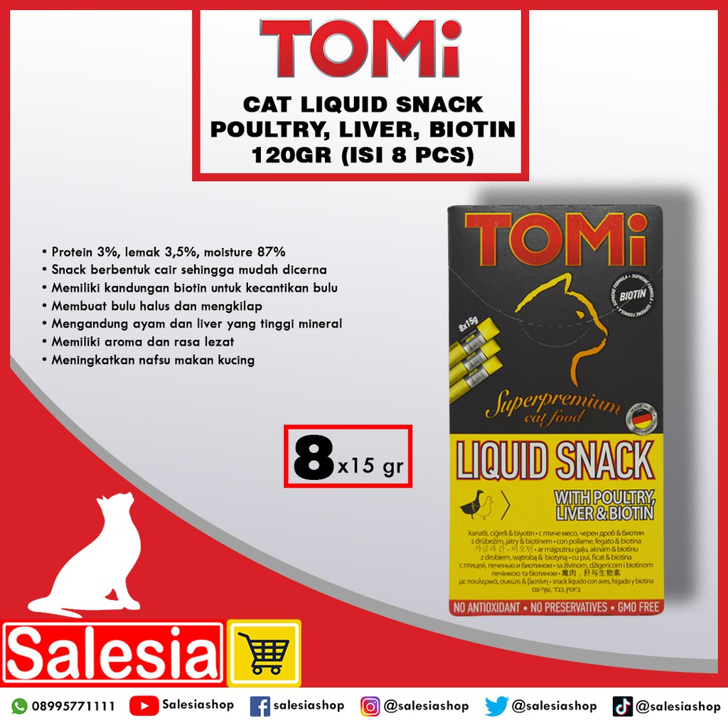 Jual SNACK KUCING TOMI CAT LIQUID WITH POULTRY, LIVER & BIOTIN 120 GR ...