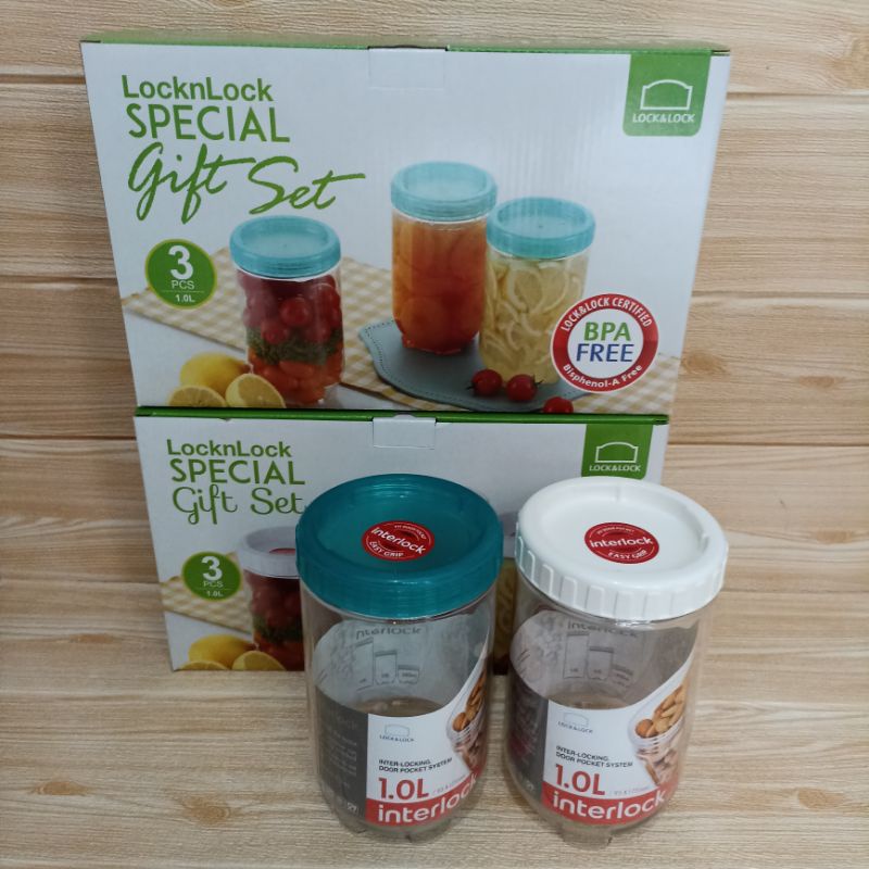 Jual Interlock lock n lock gift set 1 liter tutup biru dan putih ...