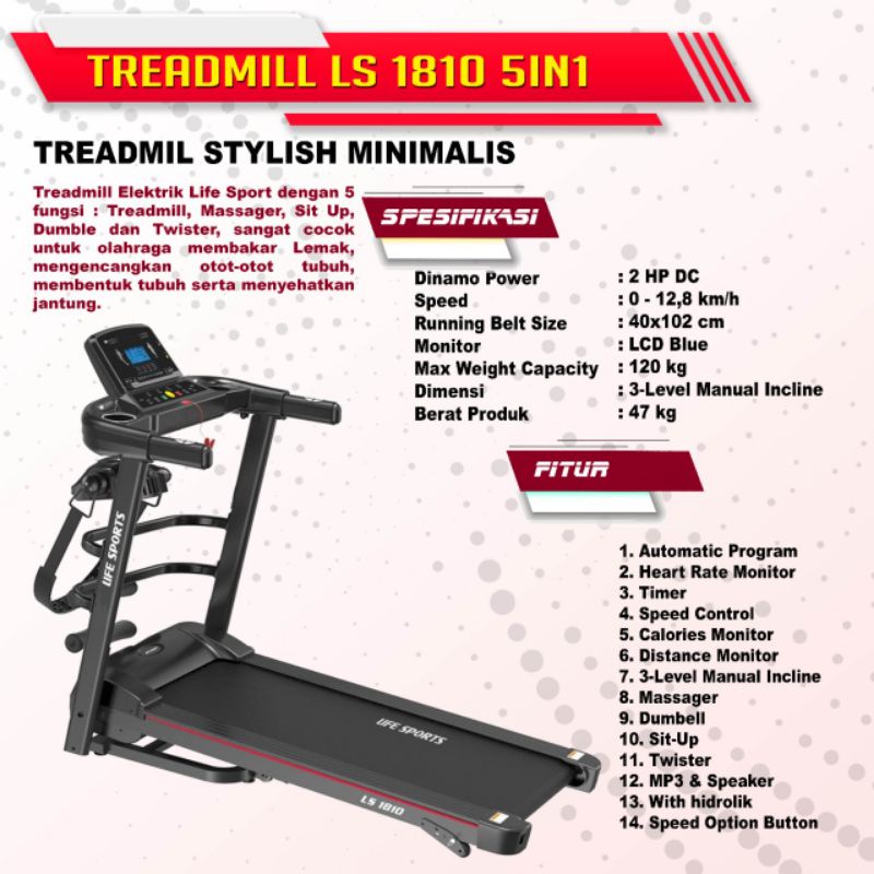 Jual TREADMILL ELEKTRIK LS 1810 LIFE SPORT TREADMILL 3 FUNGSI | Shopee ...