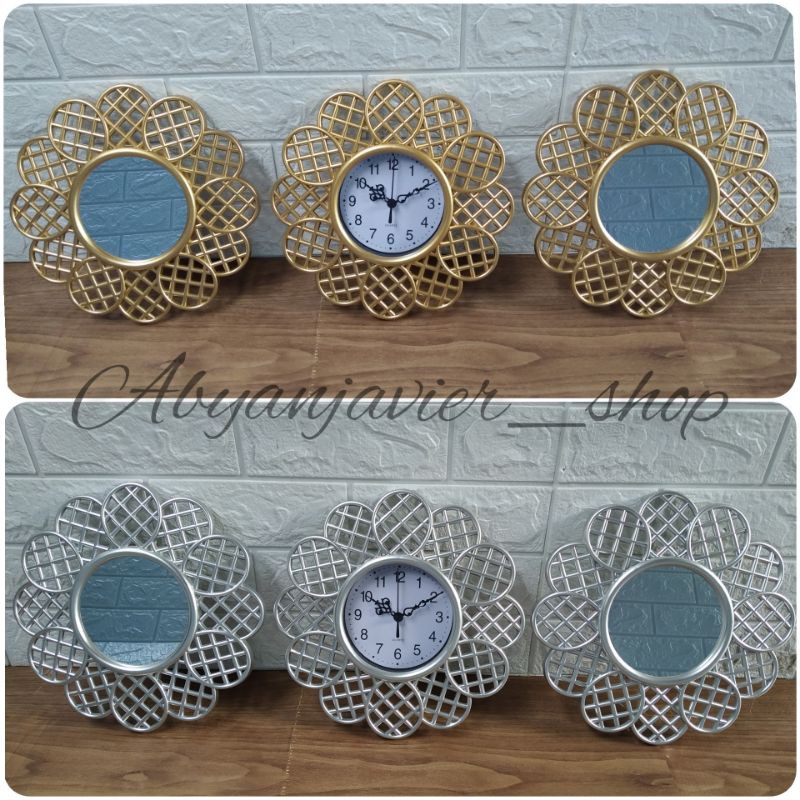 Jual jam dinding plus cermin set 3pcs flower rattan / dekorasi ruangan ...