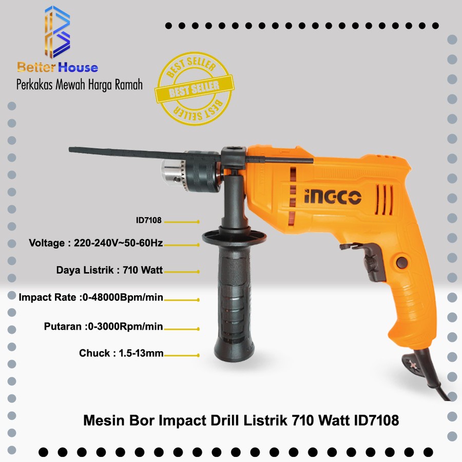 Jual Mesin Bor Tembok Listrik 13mm Impact drill 710watt INGCO ID7108 ...