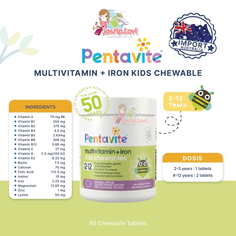 Jual Pentavite multivitamin + iron kids chewable import Australia ...