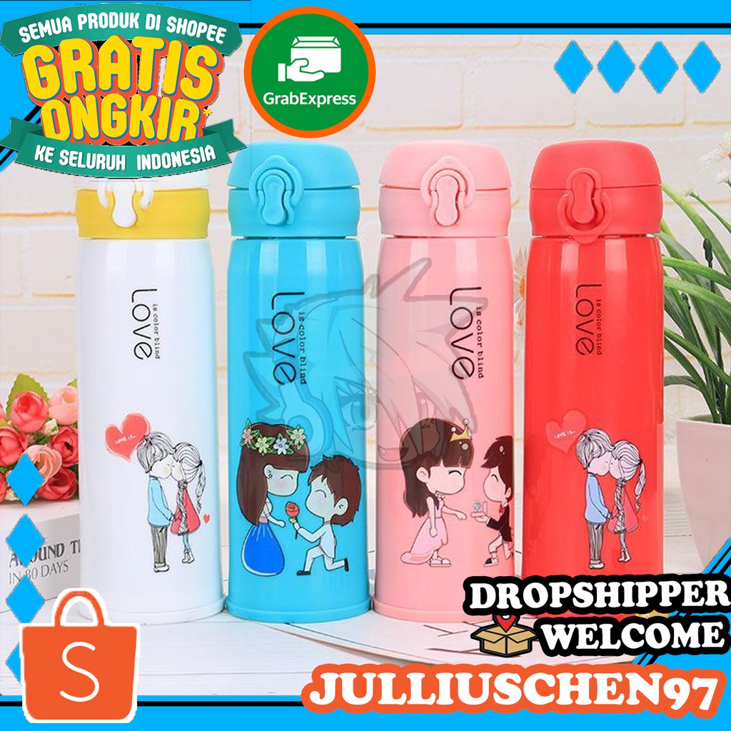 Jual JJ CHEN Botol Minum Kaca Kancing Motif Pure Love 500ml / Glass ...