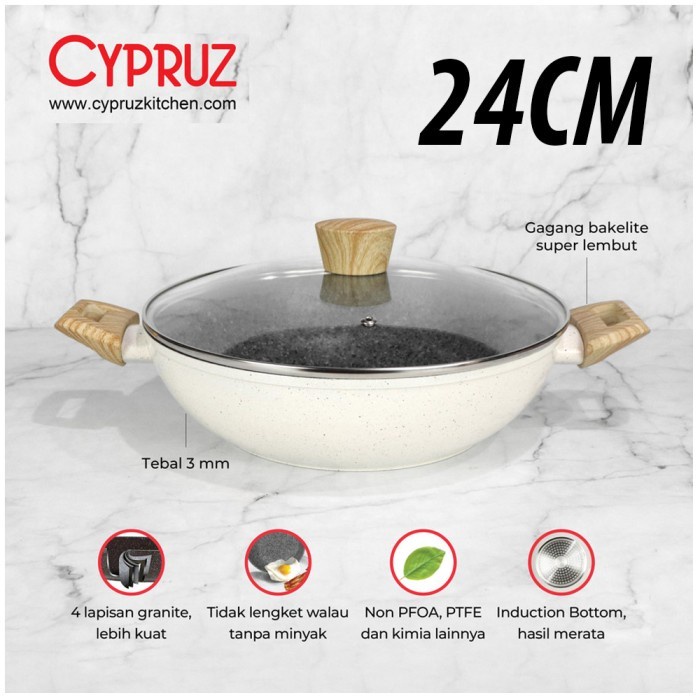 Jual Cypruz White Granite Wok Pan / Kuali Tebal Anti Lengket + Tutup Kaca 24 - - 30cm | Shopee ...