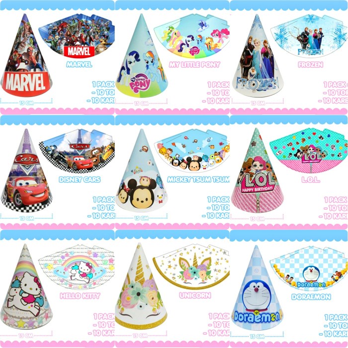 Jual Topi ulang tahun anak karakter isi 10 PCS Doraemon / Cars / Hello ...
